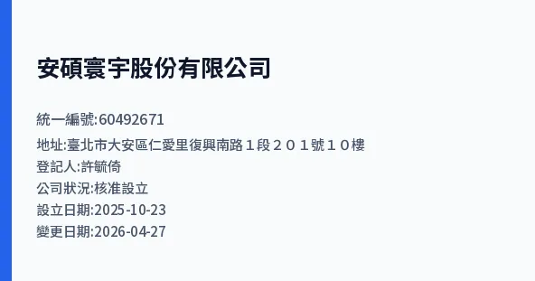 安碩寰宇股份有限公司的照片-統編 60492671(臺北市) 公司登記資料與營業項目詳細圖表