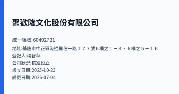 聚歡隆文化股份有限公司的照片-統編 60492721(基隆市) 公司登記資料與營業項目詳細圖表