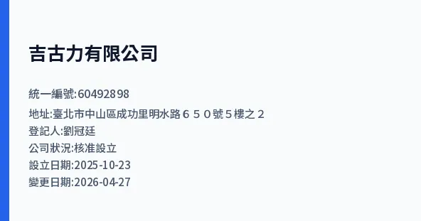 吉古力有限公司的照片-統編 60492898(臺北市) 公司登記資料與營業項目詳細圖表