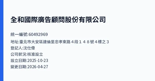 全和國際廣告顧問股份有限公司的照片-統編 60492969(臺北市) 公司登記資料與營業項目詳細圖表