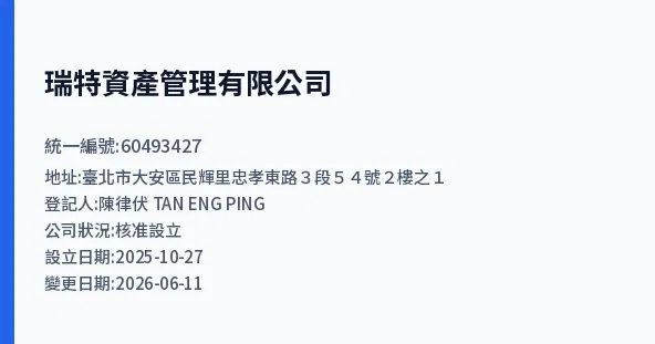 瑞特資產管理有限公司的照片-統編 60493427(臺北市) 公司登記資料與營業項目詳細圖表