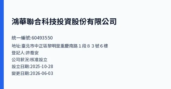 鴻華聯合科技投資股份有限公司的照片-統編 60493550(臺北市) 公司登記資料與營業項目詳細圖表