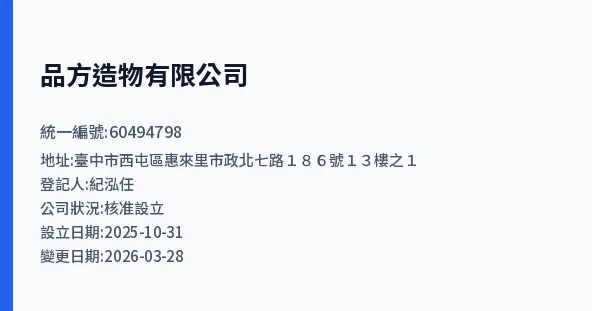 品方造物有限公司的照片-統編 60494798(臺中市) 公司登記資料與營業項目詳細圖表