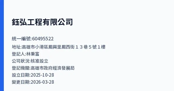 鈺弘工程有限公司的照片-統編 60495522(高雄市) 公司登記資料與營業項目詳細圖表