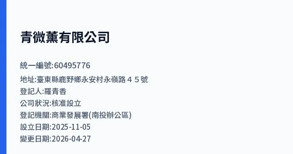 青微薰有限公司的照片-統編 60495776(臺東縣) 公司登記資料與營業項目詳細圖表