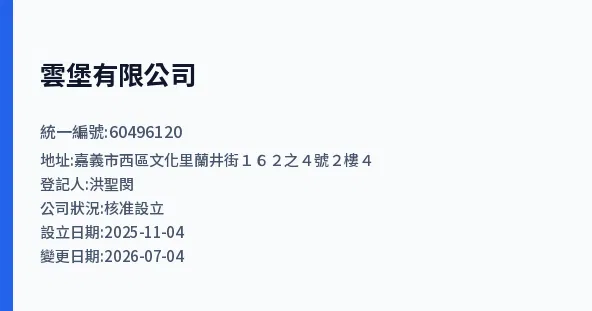 雲堡有限公司的照片-統編 60496120(嘉義市) 公司登記資料與營業項目詳細圖表