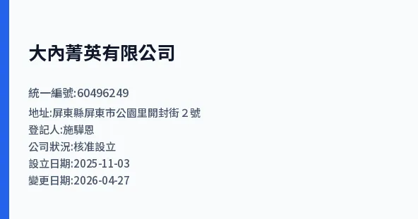 大內菁英有限公司的照片-統編 60496249(屏東縣) 公司登記資料與營業項目詳細圖表