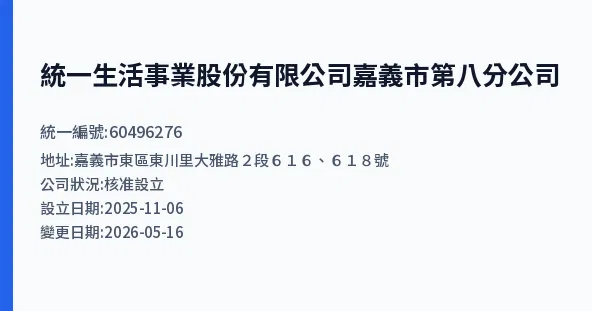 統一生活事業股份有限公司嘉義市第八分公司的照片-統編 60496276(嘉義市) 公司登記資料與營業項目詳細圖表