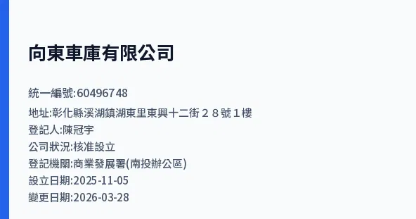 向東車庫有限公司的照片-統編 60496748(彰化縣) 公司登記資料與營業項目詳細圖表