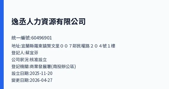 逸丞人力資源有限公司的照片-統編 60496901(宜蘭縣) 公司登記資料與營業項目詳細圖表