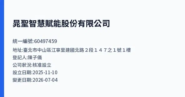 晁聖智慧賦能股份有限公司的照片-統編 60497459(臺北市) 公司登記資料與營業項目詳細圖表