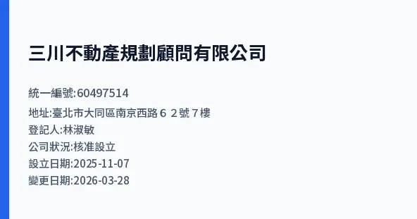 三川不動產規劃顧問有限公司的照片-統編 60497514(臺北市) 公司登記資料與營業項目詳細圖表