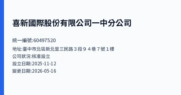 喜新國際股份有限公司一中分公司的照片-統編 60497520(臺中市) 公司登記資料與營業項目詳細圖表