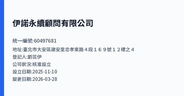 伊諾永續顧問有限公司的照片-統編 60497681(臺北市) 公司登記資料與營業項目詳細圖表