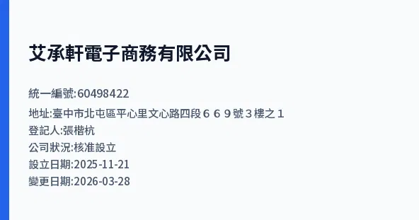 艾承軒電子商務有限公司的照片-統編 60498422(臺中市) 公司登記資料與營業項目詳細圖表