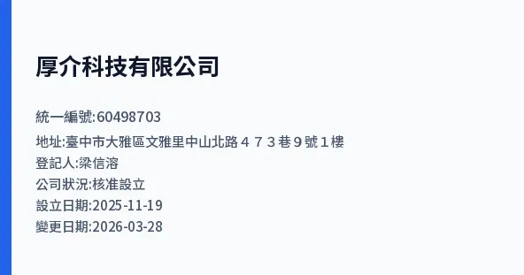 厚介科技有限公司的照片-統編 60498703(臺中市) 公司登記資料與營業項目詳細圖表