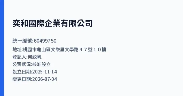 奕和國際企業有限公司的照片-統編 60499750(桃園市) 公司登記資料與營業項目詳細圖表