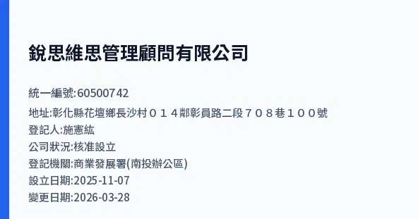 銳思維思管理顧問有限公司的照片-統編 60500742(彰化縣) 公司登記資料與營業項目詳細圖表