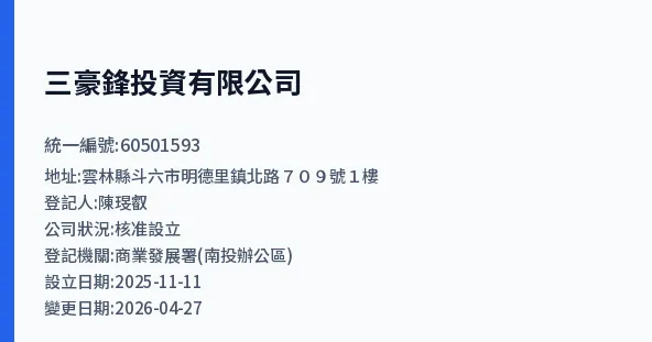 三豪鋒投資有限公司的照片-統編 60501593(雲林縣) 公司登記資料與營業項目詳細圖表