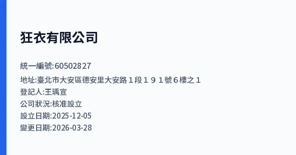 狂衣有限公司的照片-統編 60502827(臺北市) 公司登記資料與營業項目詳細圖表