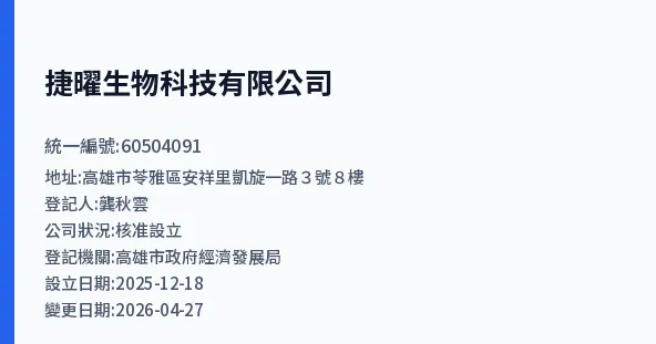 捷曜生物科技有限公司的照片-統編 60504091(高雄市) 公司登記資料與營業項目詳細圖表