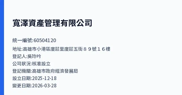 寬澤資產管理有限公司的照片-統編 60504120(高雄市) 公司登記資料與營業項目詳細圖表