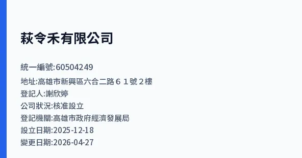 萩令禾有限公司的照片-統編 60504249(高雄市) 公司登記資料與營業項目詳細圖表