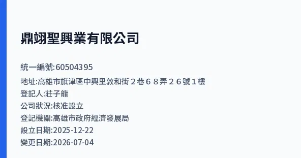 鼎翊聖興業有限公司的照片-統編 60504395(高雄市) 公司登記資料與營業項目詳細圖表