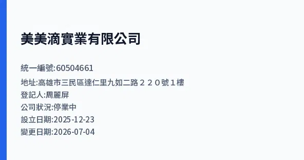 美美滴實業有限公司的照片-統編 60504661(高雄市) 公司登記資料與營業項目詳細圖表