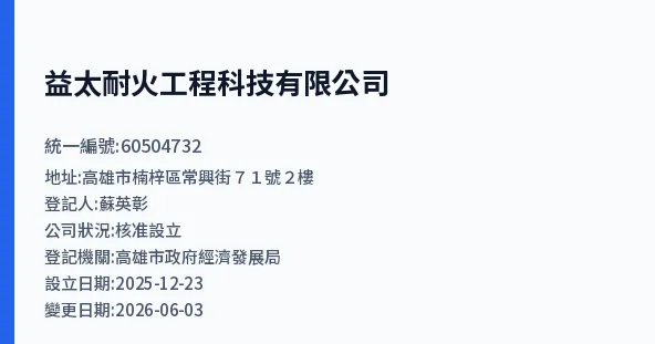 益太耐火工程科技有限公司的照片-統編 60504732(高雄市) 公司登記資料與營業項目詳細圖表