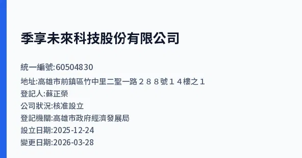 季享未來科技股份有限公司的照片-統編 60504830(高雄市) 公司登記資料與營業項目詳細圖表