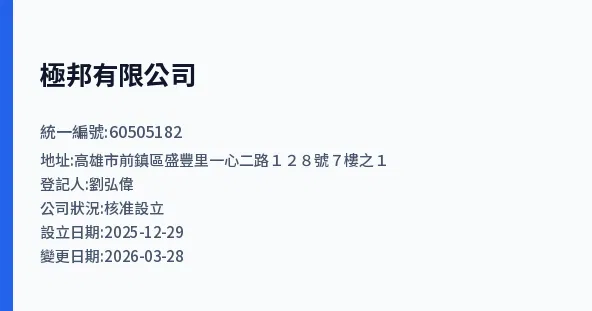 極邦有限公司的照片-統編 60505182(高雄市) 公司登記資料與營業項目詳細圖表