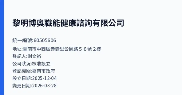 黎明博奧職能健康諮詢有限公司的照片-統編 60505606(臺南市) 公司登記資料與營業項目詳細圖表