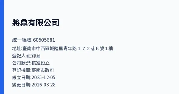 將鼎有限公司的照片-統編 60505681(臺南市) 公司登記資料與營業項目詳細圖表