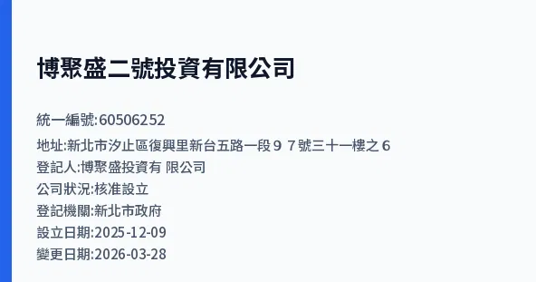 博聚盛二號投資有限公司的照片-統編 60506252(新北市) 公司登記資料與營業項目詳細圖表