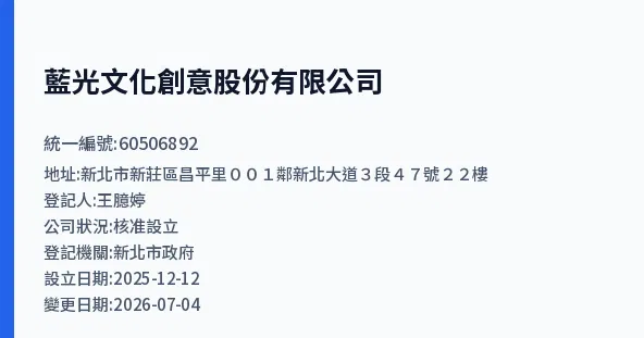 藍光文化創意股份有限公司的照片-統編 60506892(新北市) 公司登記資料與營業項目詳細圖表