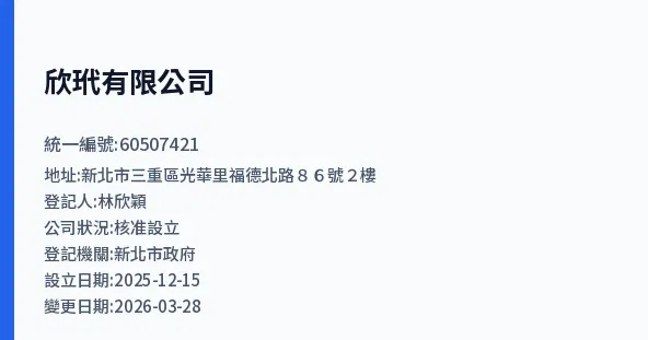 欣玳有限公司的照片-統編 60507421(新北市) 公司登記資料與營業項目詳細圖表