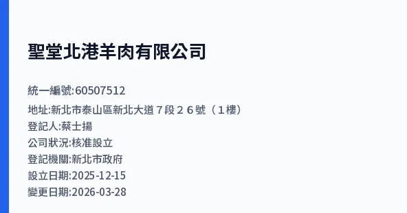聖堂北港羊肉有限公司的照片-統編 60507512(新北市) 公司登記資料與營業項目詳細圖表