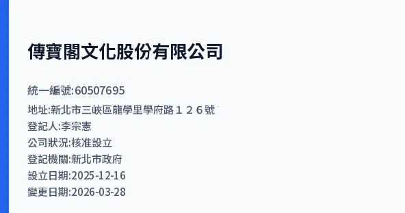 傳寶閣文化股份有限公司的照片-統編 60507695(新北市) 公司登記資料與營業項目詳細圖表