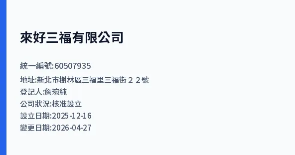 來好三福有限公司的照片-統編 60507935(新北市) 公司登記資料與營業項目詳細圖表