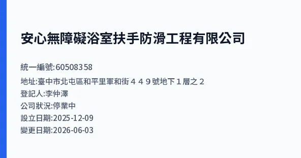 安心無障礙浴室扶手防滑工程有限公司的照片-統編 60508358(臺中市) 公司登記資料與營業項目詳細圖表