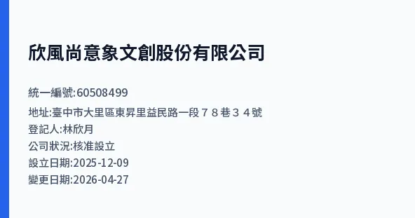 欣風尚意象文創股份有限公司的照片-統編 60508499(臺中市) 公司登記資料與營業項目詳細圖表