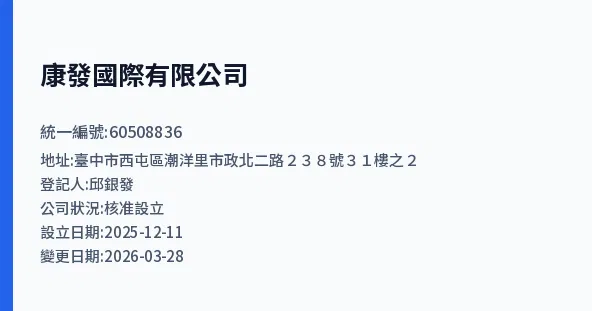 康發國際有限公司的照片-統編 60508836(臺中市) 公司登記資料與營業項目詳細圖表