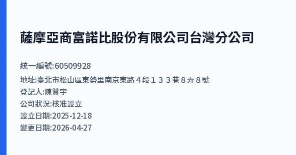薩摩亞商富諾比股份有限公司台灣分公司的照片-統編 60509928(臺北市) 公司登記資料與營業項目詳細圖表
