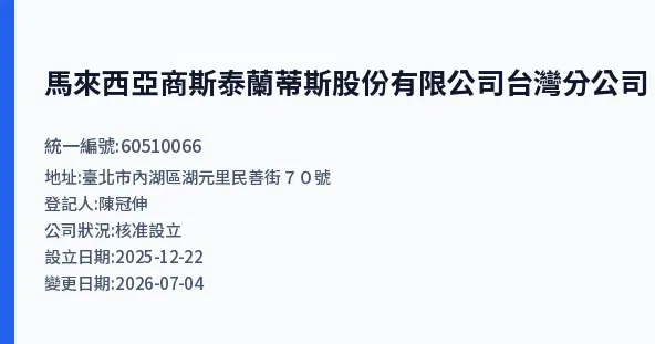 馬來西亞商斯泰蘭蒂斯股份有限公司台灣分公司的照片-統編 60510066(臺北市) 公司登記資料與營業項目詳細圖表