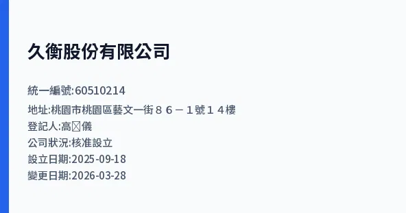 久衡股份有限公司的照片-統編 60510214(桃園市) 公司登記資料與營業項目詳細圖表