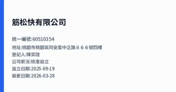 筋松快有限公司的照片-統編 60510354(桃園市) 公司登記資料與營業項目詳細圖表