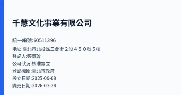 千慧文化事業有限公司的照片-統編 60511396(臺北市) 公司登記資料與營業項目詳細圖表