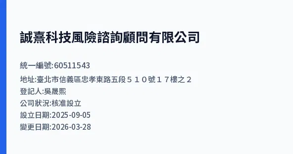 誠熹科技風險諮詢顧問有限公司的照片-統編 60511543(臺北市) 公司登記資料與營業項目詳細圖表