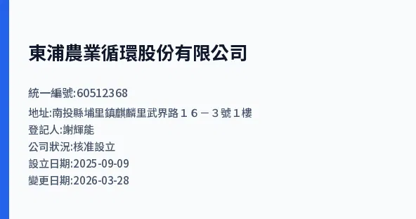 東浦農業循環股份有限公司的照片-統編 60512368(南投縣) 公司登記資料與營業項目詳細圖表
